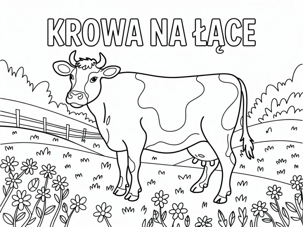 Kolorowanka malowanka krowy na łące pdf do druku
